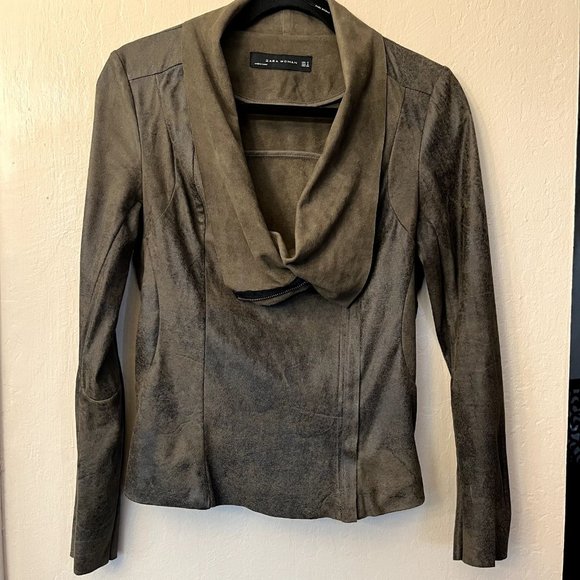 Zara | Jackets & Coats | Zara Women Jacket Sz S Olive Green Faux Suede Drape Collar Side Zipper ...
